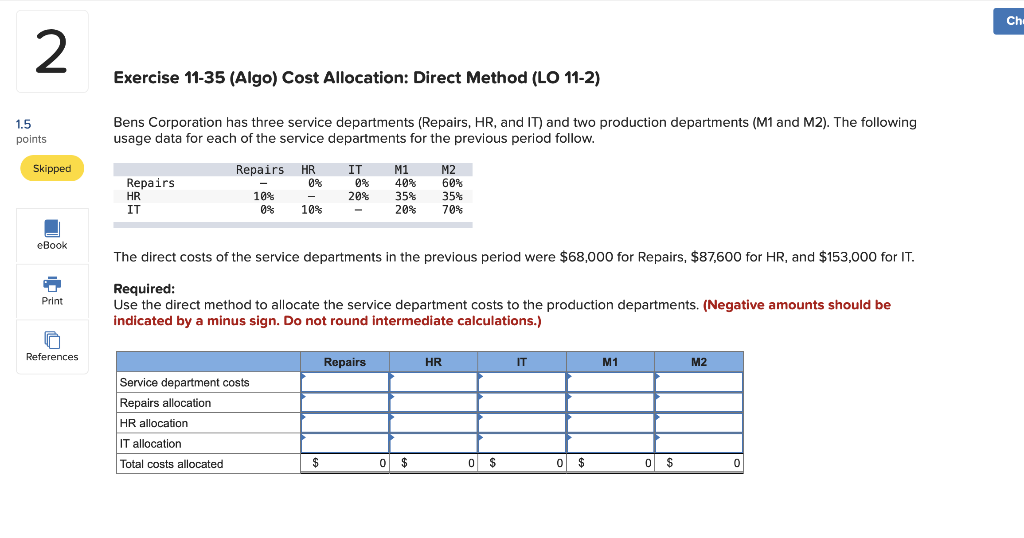 Solved Ch 2 Exercise 11-35 (Algo) Cost Allocation: Direct | Chegg.com