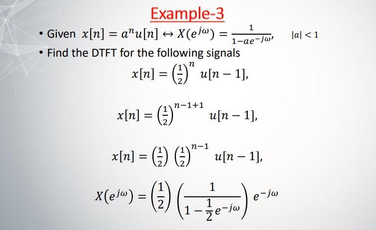 Solved Example-3 - Given x[n]=anu[n]↔X(ejω)=1−ae−jω1,∣a∣