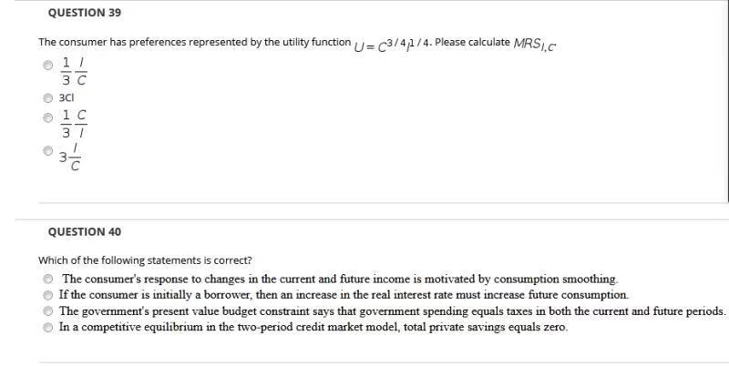 Solved QUESTION 39 The consumer has preferences represented | Chegg.com