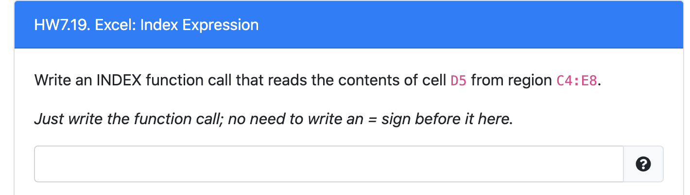 HW7.19. Excel: Index Expression Write an INDEX | Chegg.com