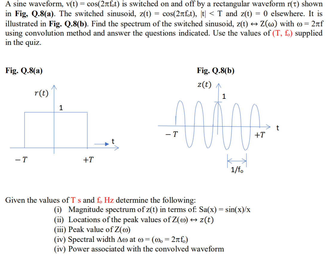 A sine waveform, v(t) = cos(20ft) is switched on and | Chegg.com