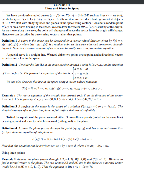 Solved Calculus Iii Lines And Planes In Space We Have 