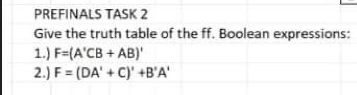 Solved PREFINALS TASK 2 Give the truth table of the ff. | Chegg.com