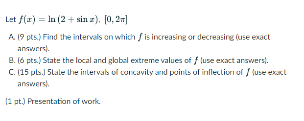 Solved Let f(x)=ln(2+sinx),[0,2π] A. (9 pts.) Find the | Chegg.com