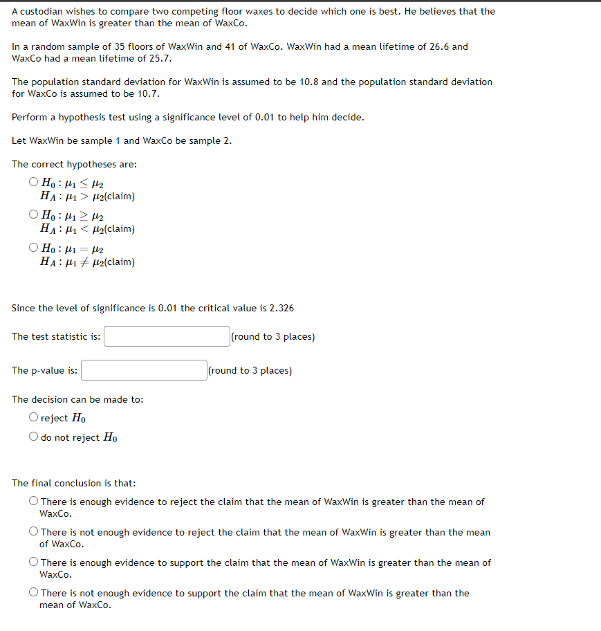 Solved A custodian wishes to compare two competing floor | Chegg.com