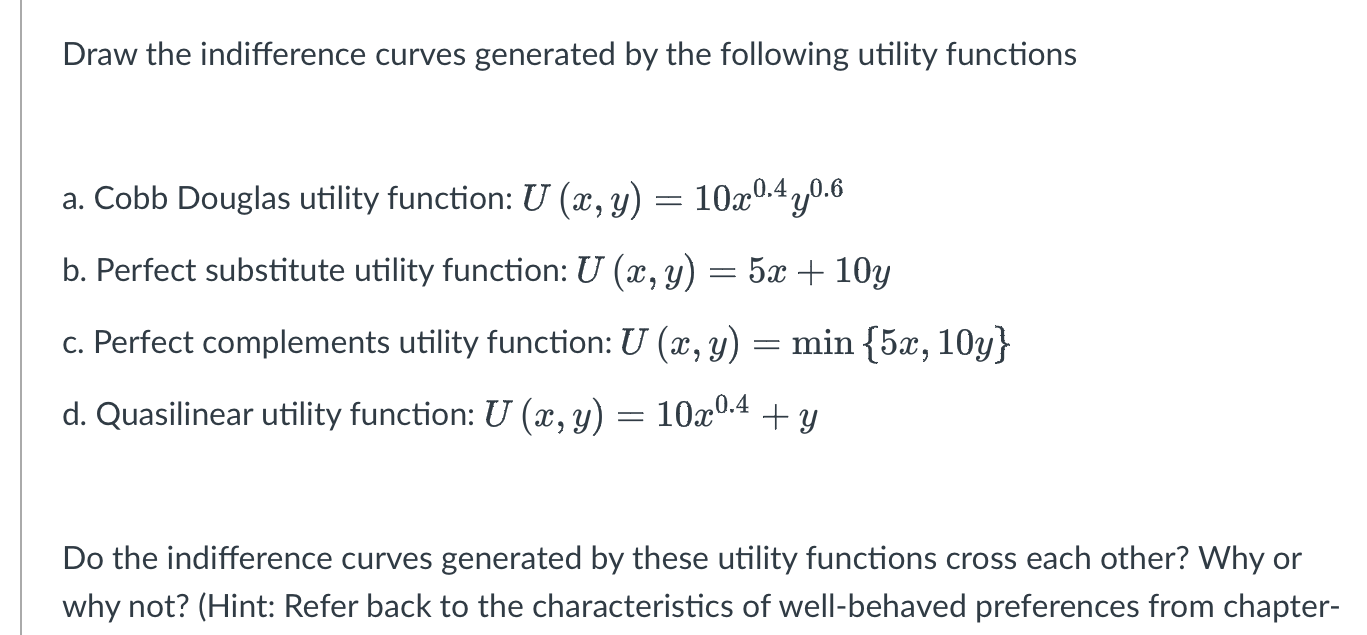 Solved Draw the indifference curves generated by the | Chegg.com