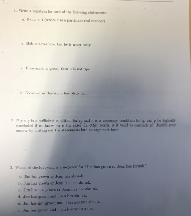 Solved 1. Write a negation for each of the following | Chegg.com