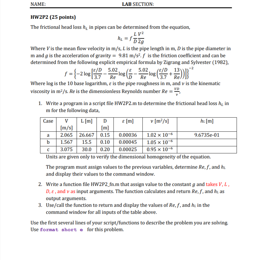 NAME: LAB SECTION: HW2P2 (25 points) The frictional | Chegg.com