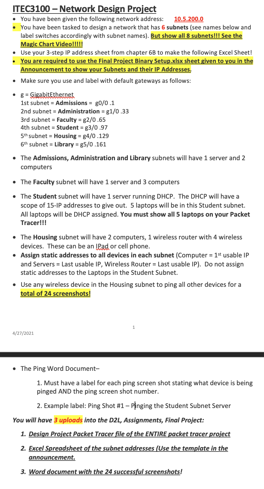 Solved ITEC 3100 - Intro to Networks Final Project Subnet | Chegg.com