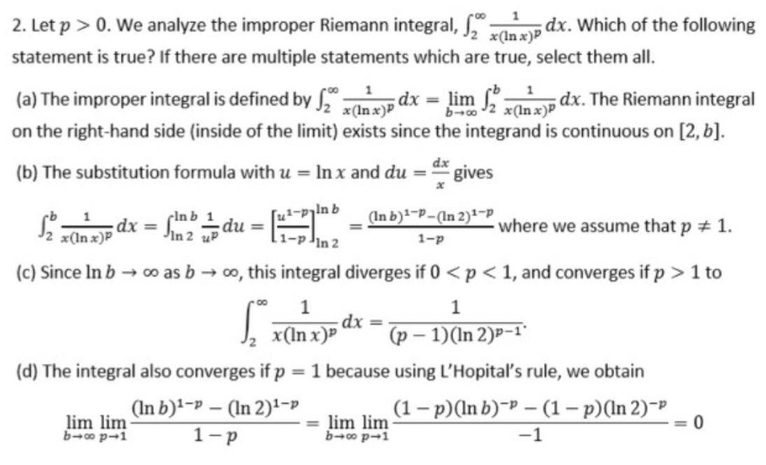Solved 2. Let p > 0. We analyze the improper Riemann | Chegg.com