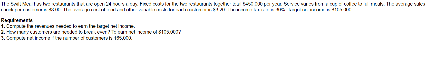 Solved The Swift Meal has two restaurants that are open 24 | Chegg.com