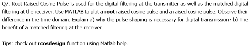 Solved Q7. Root Raised Cosine Pulse is used for the digital | Chegg.com