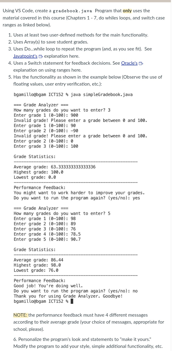 Solved ing VS Code, create a gradebook . java Program that | Chegg.com