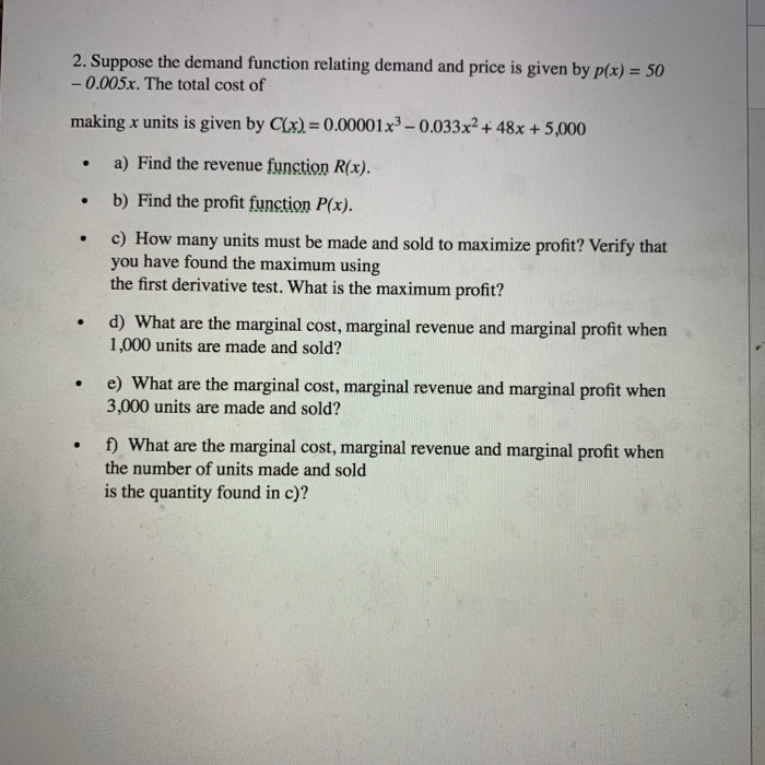 Solved 2. Suppose the demand function relating demand and | Chegg.com