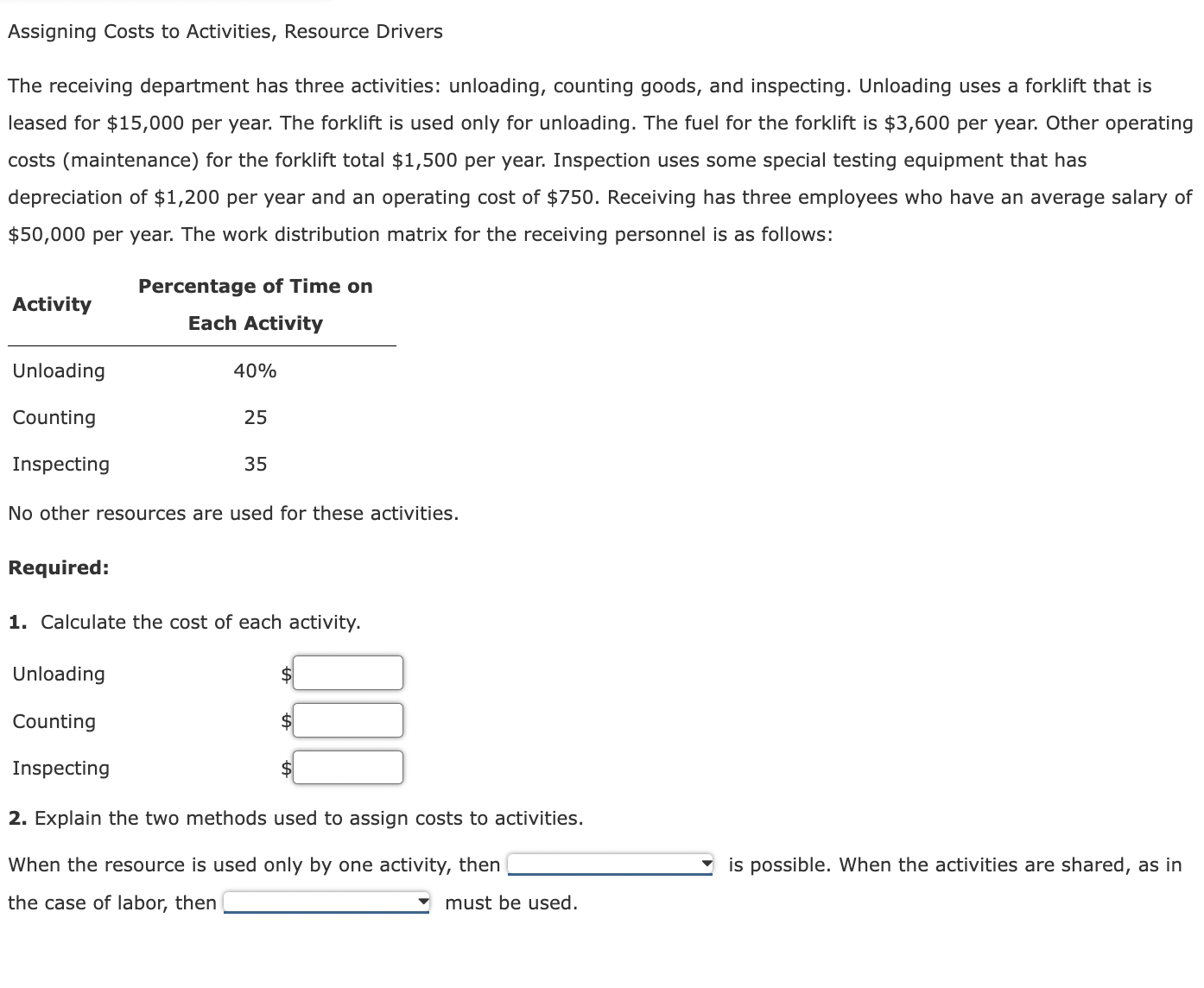 Assigning Costs to Activities, Resource DriversThe | Chegg.com