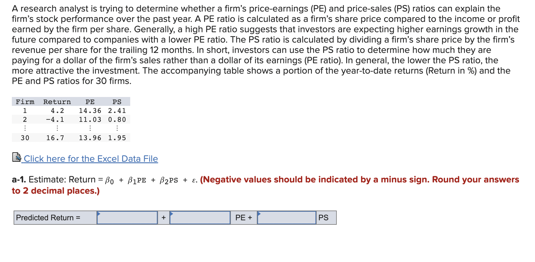 Solved \begin{tabular}{|c|c|c|c|} \hline Firm & Return & PE | Chegg.com