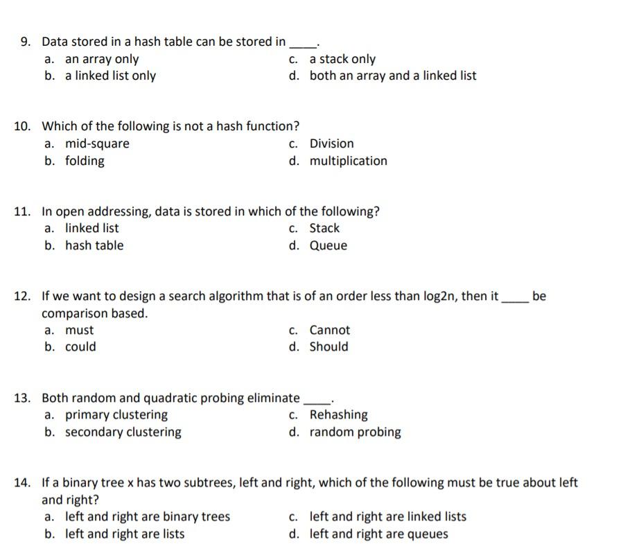 Solved 9. Data stored in a hash table can be stored in a. an | Chegg.com