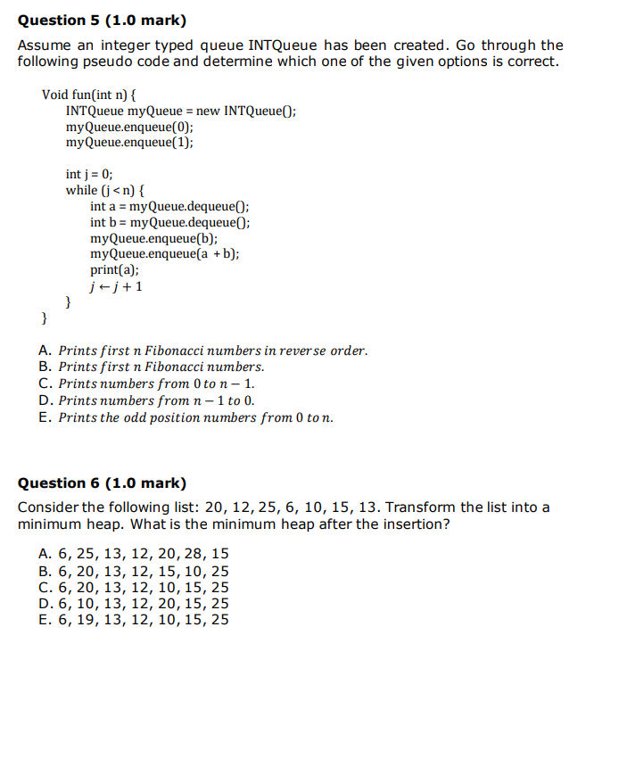 Question 5 10 Mark Assume An Integer Typed Queue 