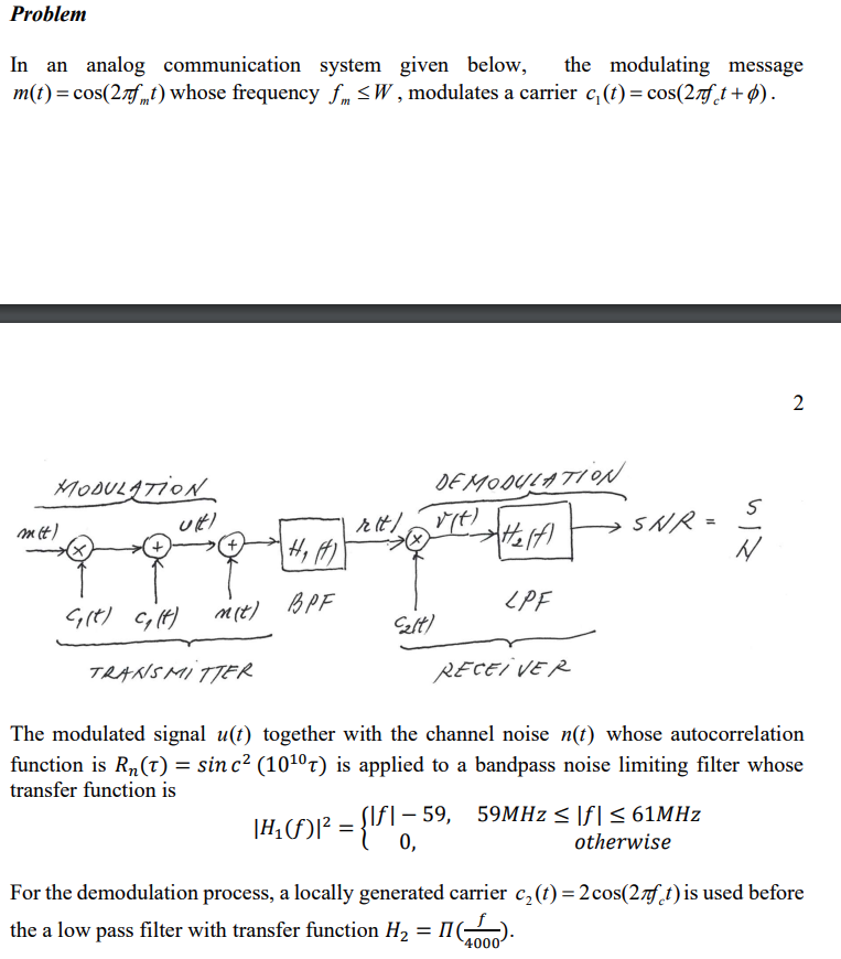 Solved In an analog communication system given below, the | Chegg.com