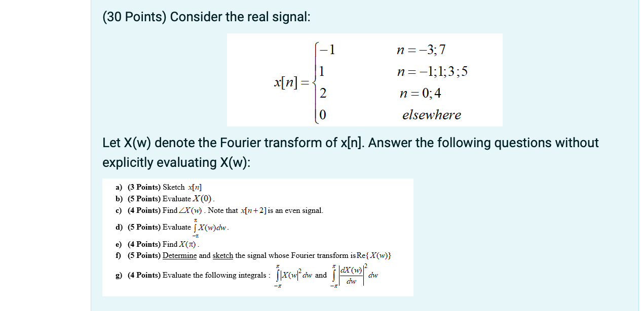 Solved (30 Points) Consider the real signal: 1 1 x[n]= n=-3; | Chegg.com