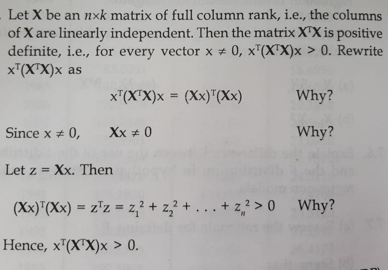 Solved Let X be an nxk matrix of full column rank, i.e., the | Chegg.com