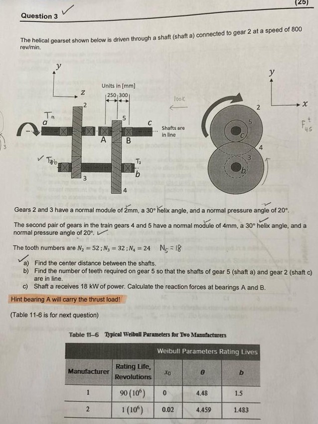 Solved Question 3The helical gearset shown below is driven | Chegg.com
