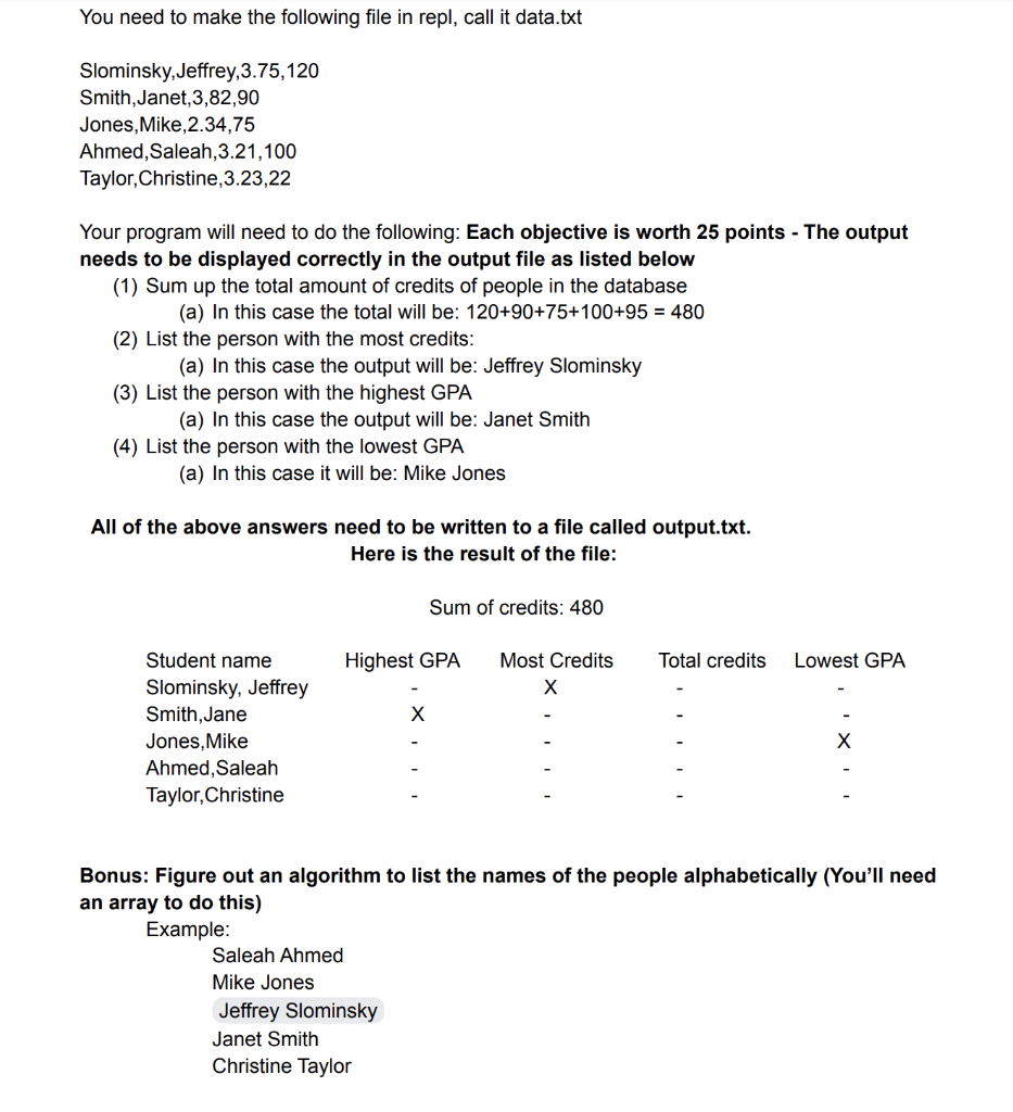 Solved You need to make the following file in repl, call it | Chegg.com
