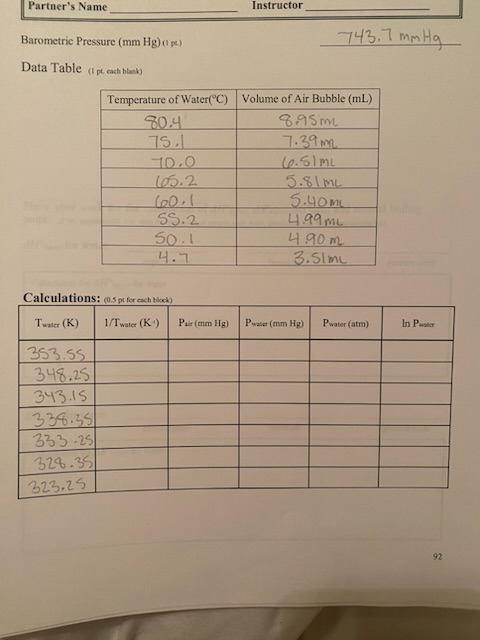 Barometric Pressure (mmHg)(1p) Data Table (I pt. cach | Chegg.com