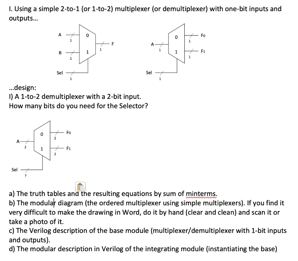 Solved I. Using a simple 2-to-1 (or 1-to-2) multiplexer | Chegg.com
