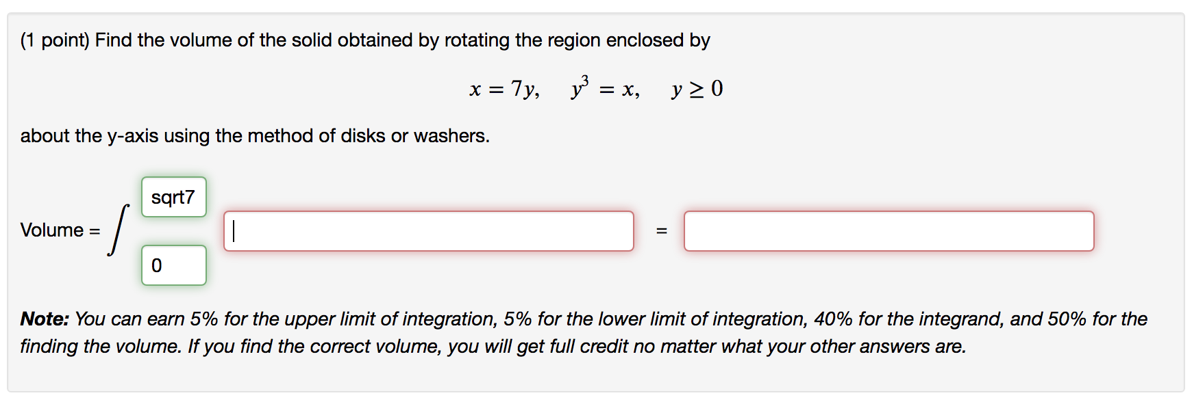Solved (1 point) Find the volume of the solid obtained by | Chegg.com