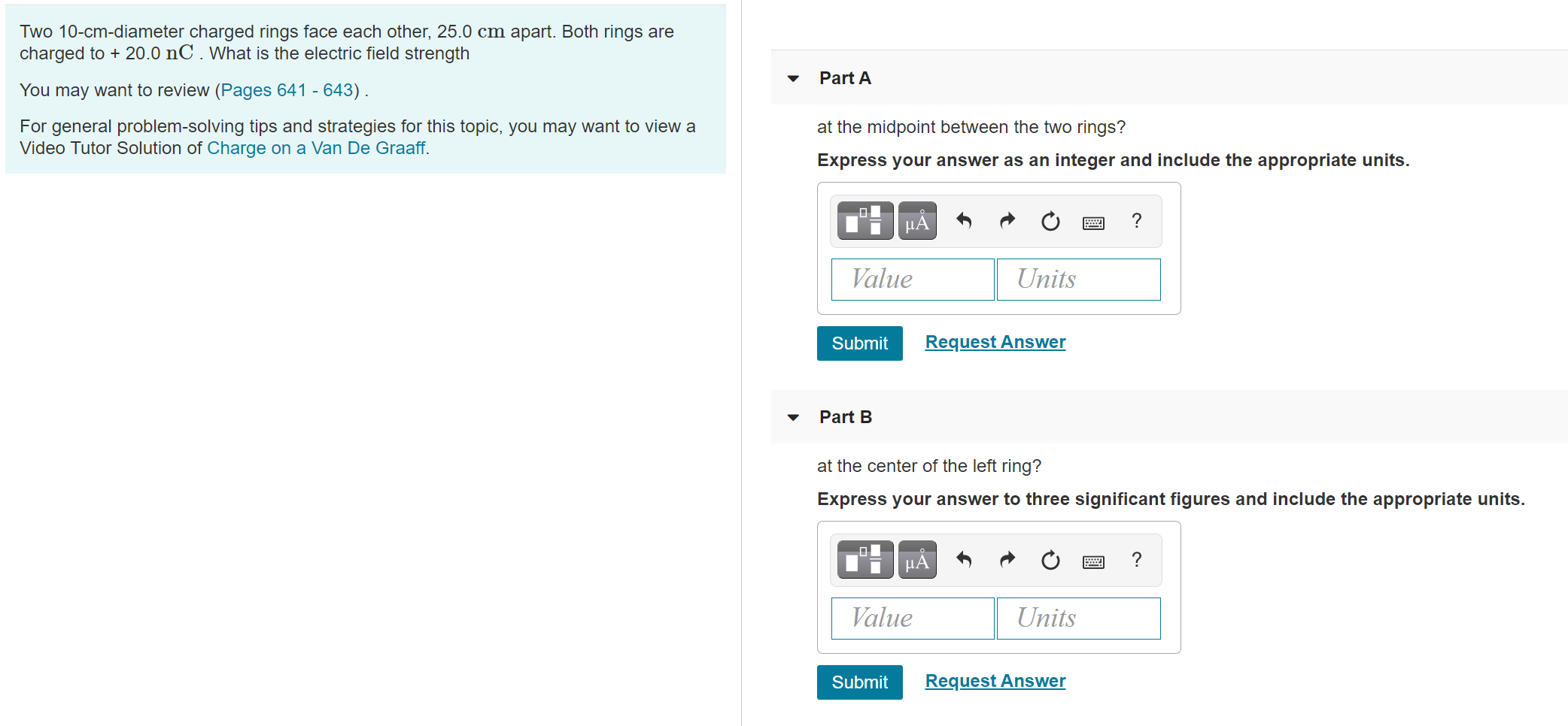 Solved Part A Two 10-cm-diameter charged rings face each | Chegg.com