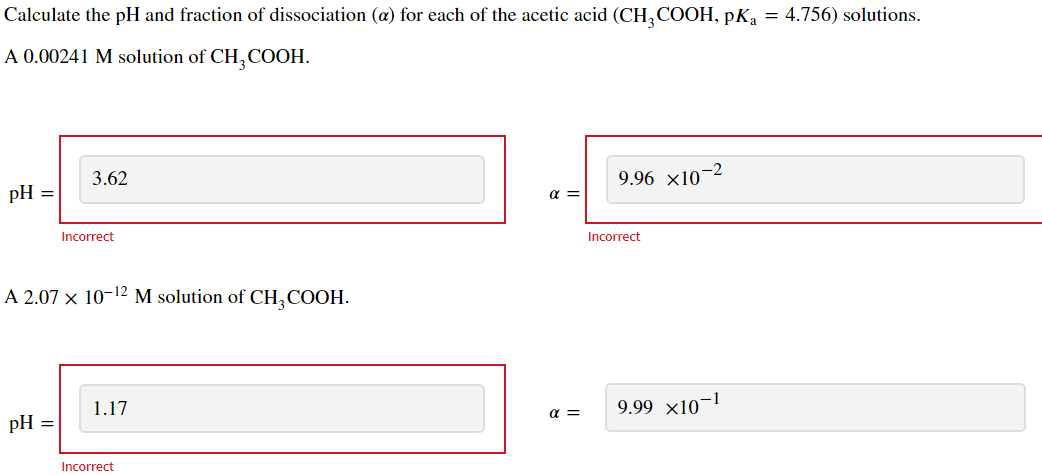 Solved Calculate the pH and fraction of dissociation (α) for | Chegg.com