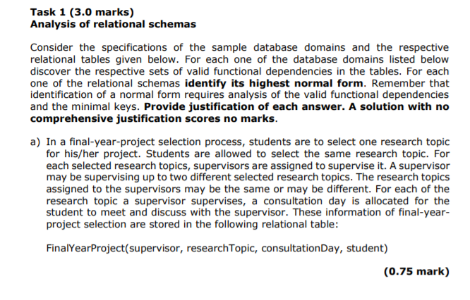 Solved Task 1 (3.0 marks) Analysis of relational schemas | Chegg.com