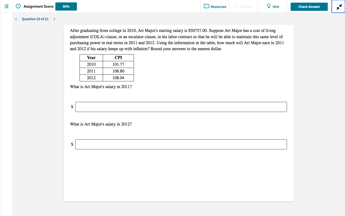 Solved iii 0 Assignment Score: 90% Resources Give Up Hint | Chegg.com