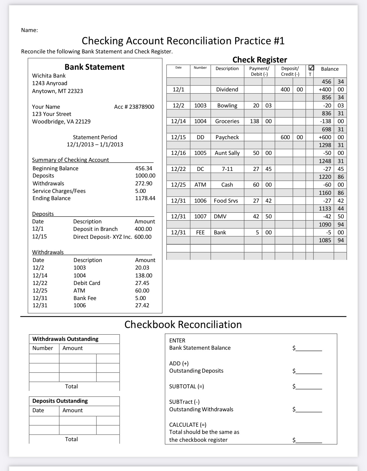 Solved Name: Checking Account Reconciliation Practice \#1 | Chegg.com