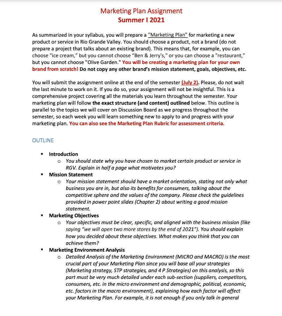 Solved Marketing Plan Assignment Summer 2021 As summarized | Chegg.com