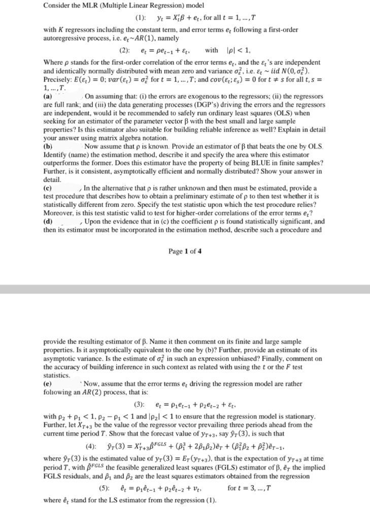 Consider the MLR (Multiple Linear Regression) model | Chegg.com