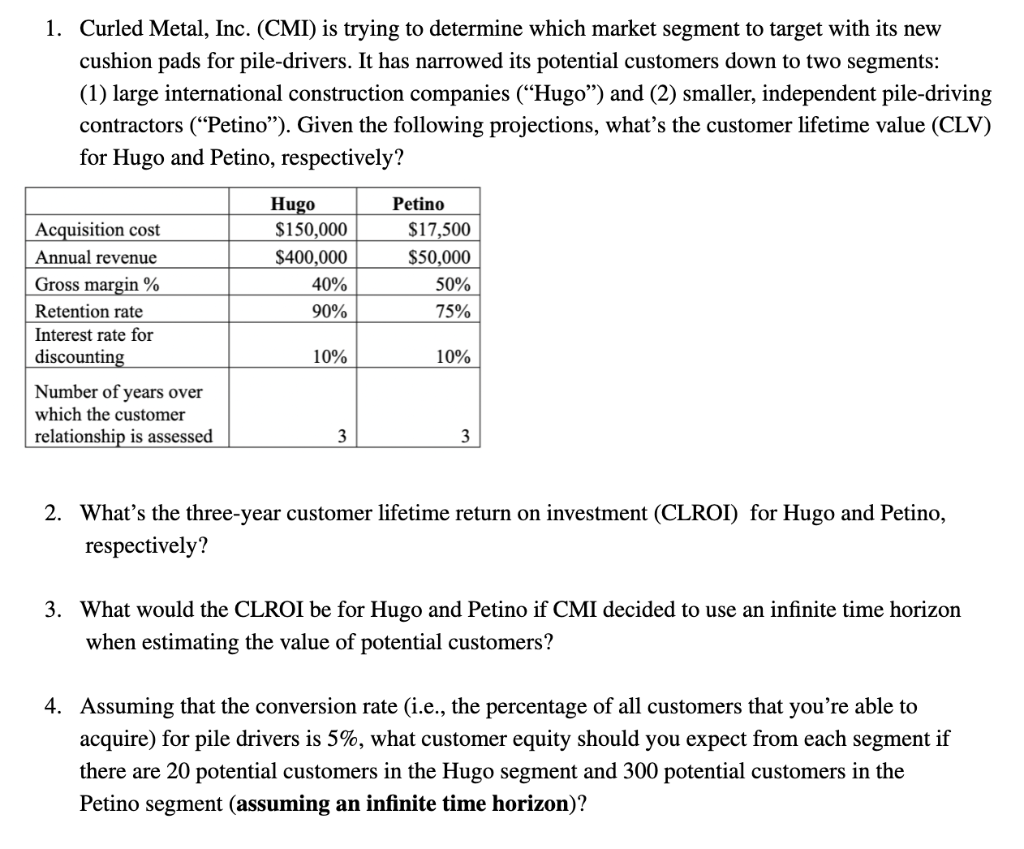 Solved 1. Curled Metal, Inc. (CMI) is trying to determine | Chegg.com