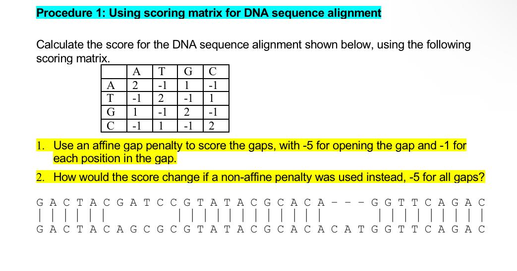 Procedure 1 Using Scoring Matrix For Dna Sequence