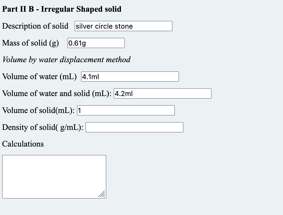 Solved Part II B - Irregular Shaped solid Description of | Chegg.com