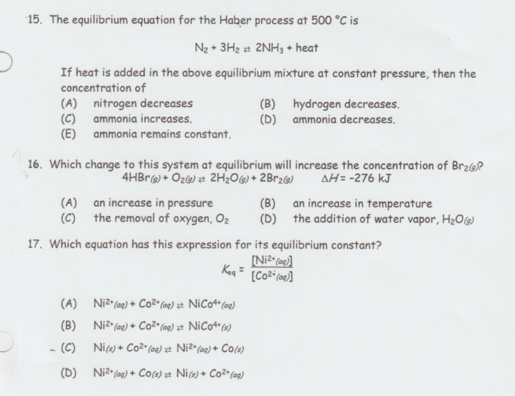 Solved 15. The equilibrium equation for the Haber process at | Chegg.com