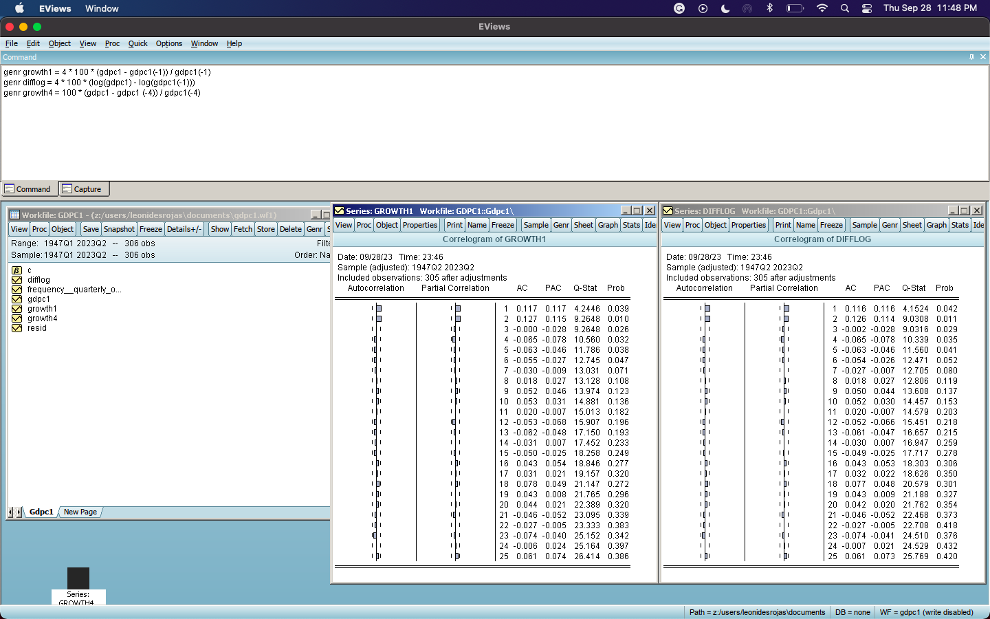 genr growth1 =4∗100∗(gdpc1−gdpc1(−1))/gdpc(−1) genr | Chegg.com