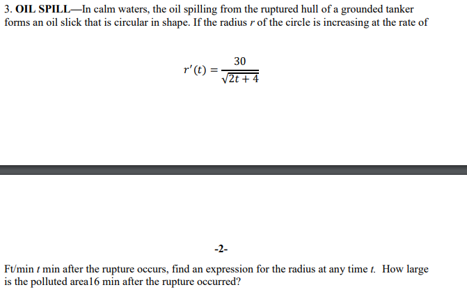 Solved 3. OIL SPILL—In calm waters, the oil spilling from | Chegg.com