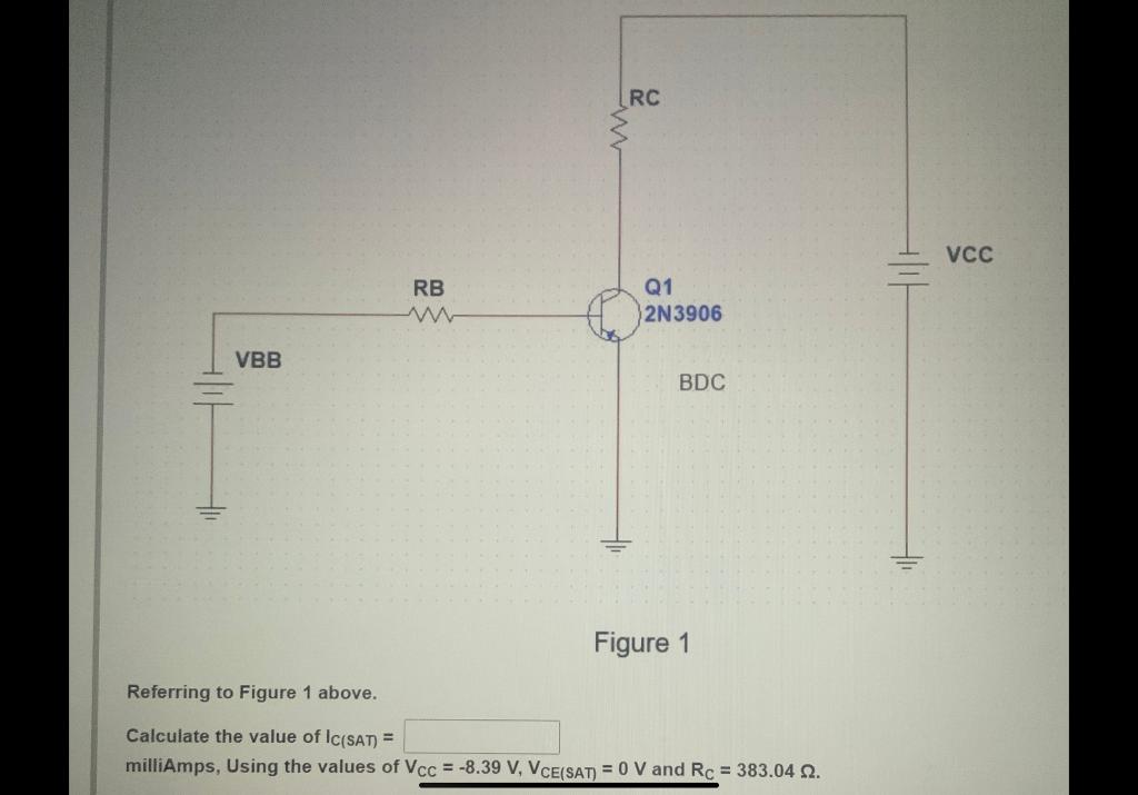 Solved RC vcc RB Q1 2N3906 VBB BDC Figure 1 Referring to | Chegg.com