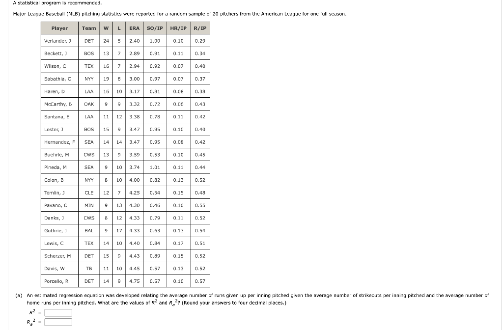 Solved A statistical program is recommended. Major League | Chegg.com