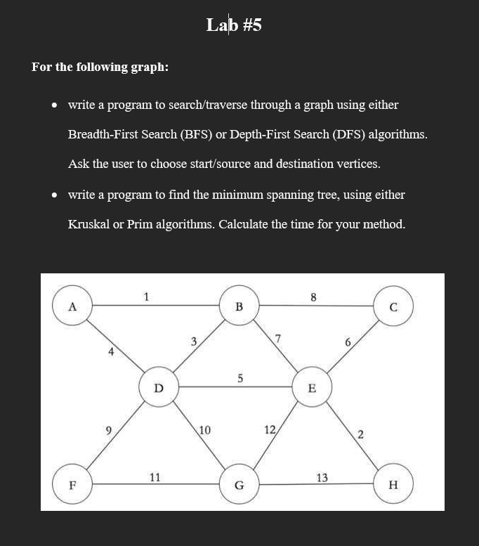 Solved Lab \#5 For the following graph: - write a program to | Chegg.com