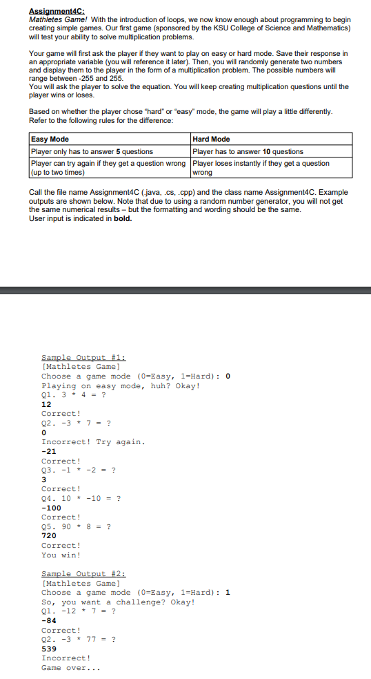 Solved Assignment4C: Mathletes Game! With the introduction | Chegg.com