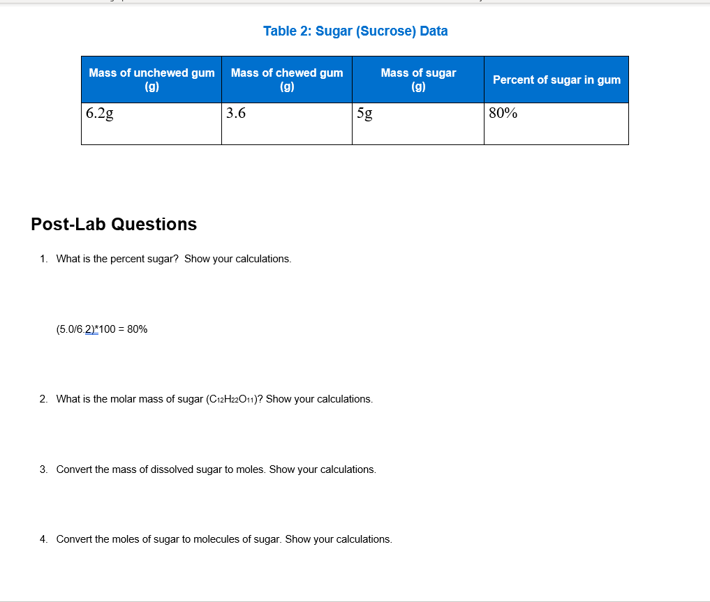 Solved Table 2: Sugar (Sucrose) Data Post-Lab Questions 1. | Chegg.com