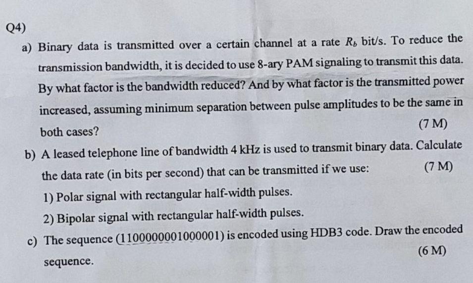 Solved (4) a) Binary data is transmitted over a certain | Chegg.com