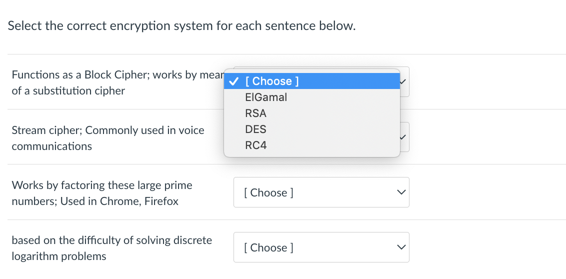 Solved Select the correct encryption system for each | Chegg.com